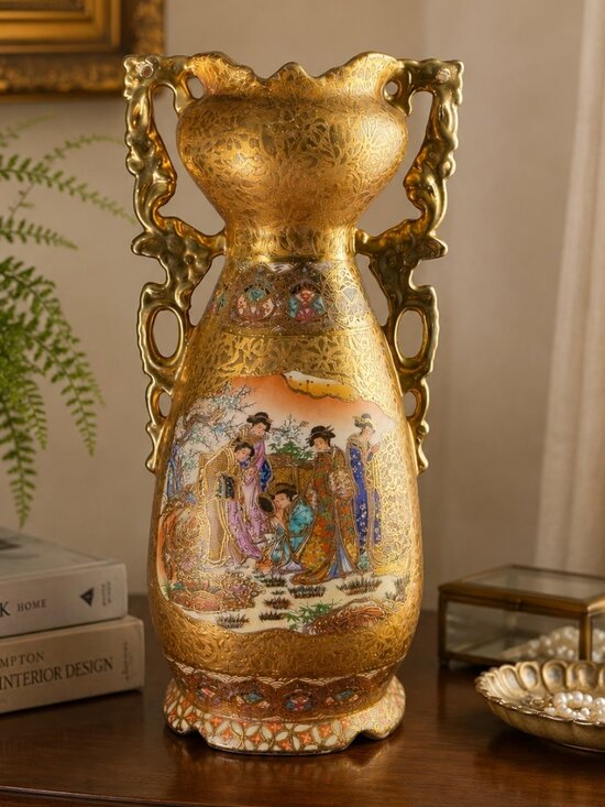 Satsuma | Accents | Vintage Japanese Satsuma Moriage Double Handle Vase ...